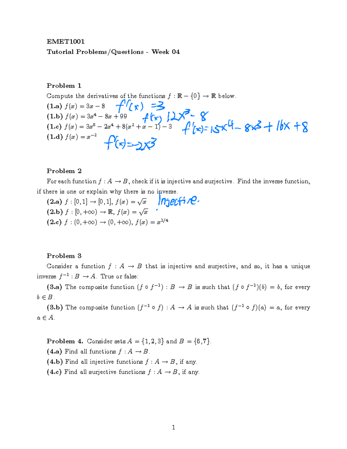 EMET1001 Tutorial Week 04: Derivatives and Function Analysis - Studocu