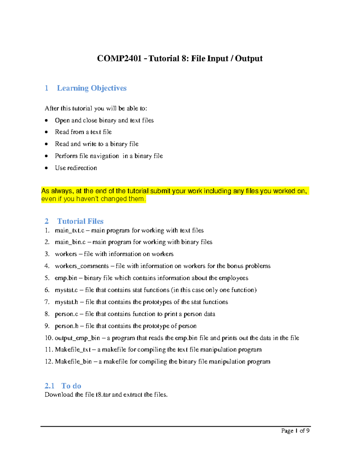 Tutotial 8 - Tutorial 8 - COMP2401 – Tutorial 8: File Input / Output 1 ...