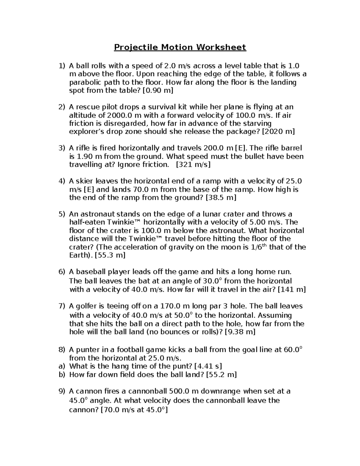 Projectile Motion Problems Worksheet: Calculating Distances and Velocities - Studocu