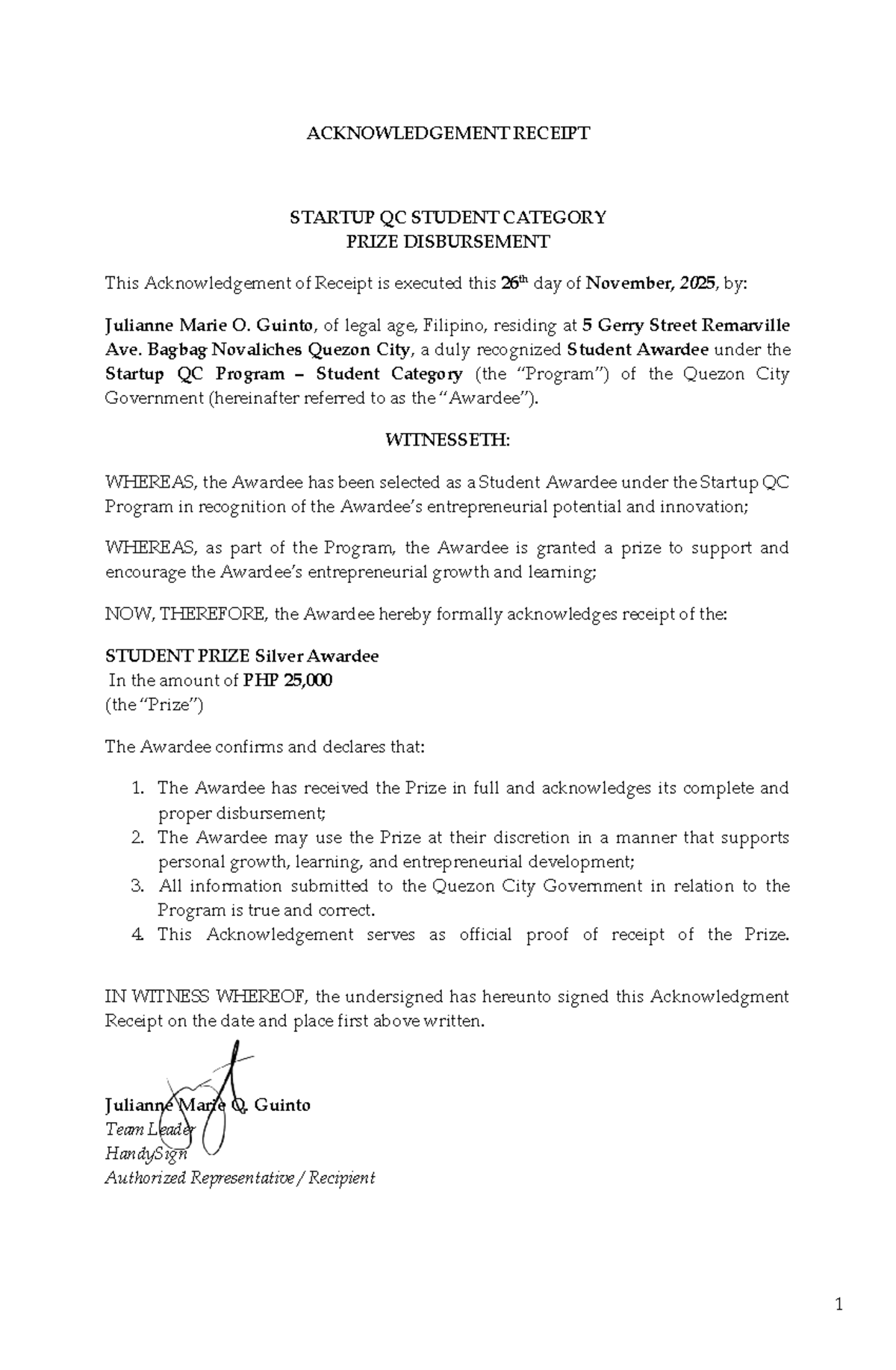 SQC Acknowledgement Receipt for Startup Prize Disbursement - Studocu