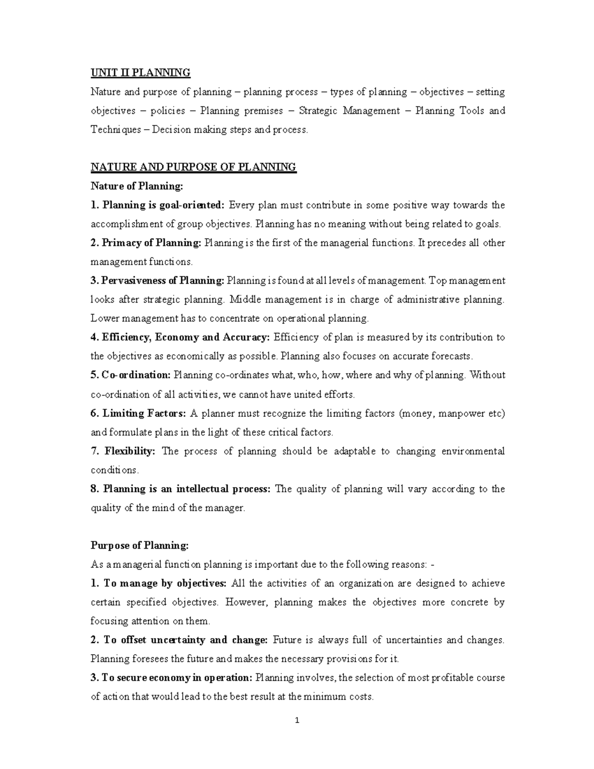 Unit 2-POM: Comprehensive Planning Notes for Effective Management - Studocu