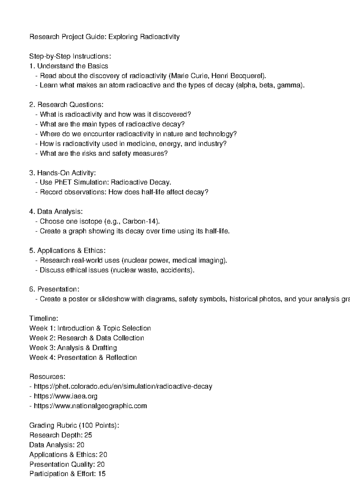 Research Project Guide: Radioactivity Exploration Instructions - Studocu