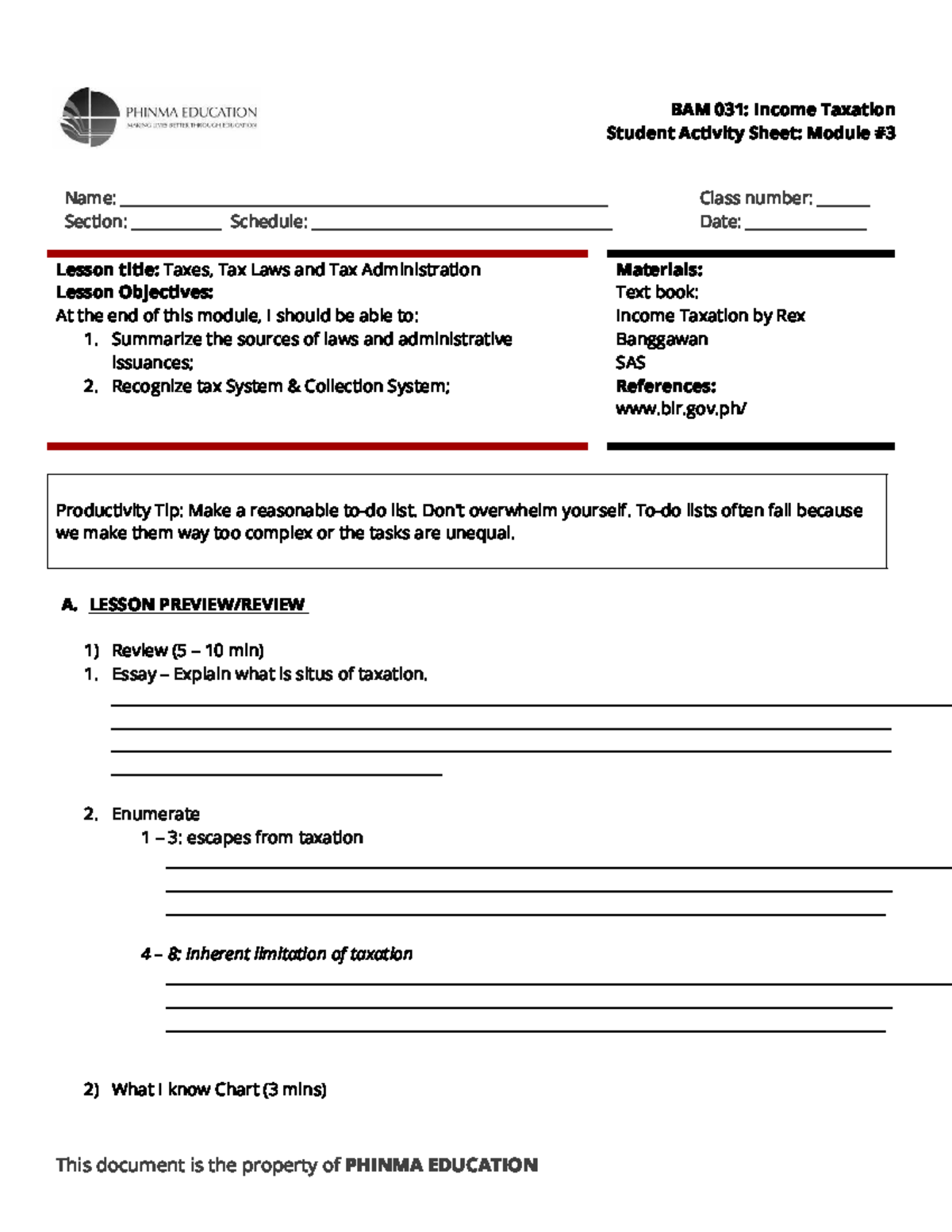 BAM 031: Income Taxation Lesson Activity Sheet on Tax Laws & Systems ...