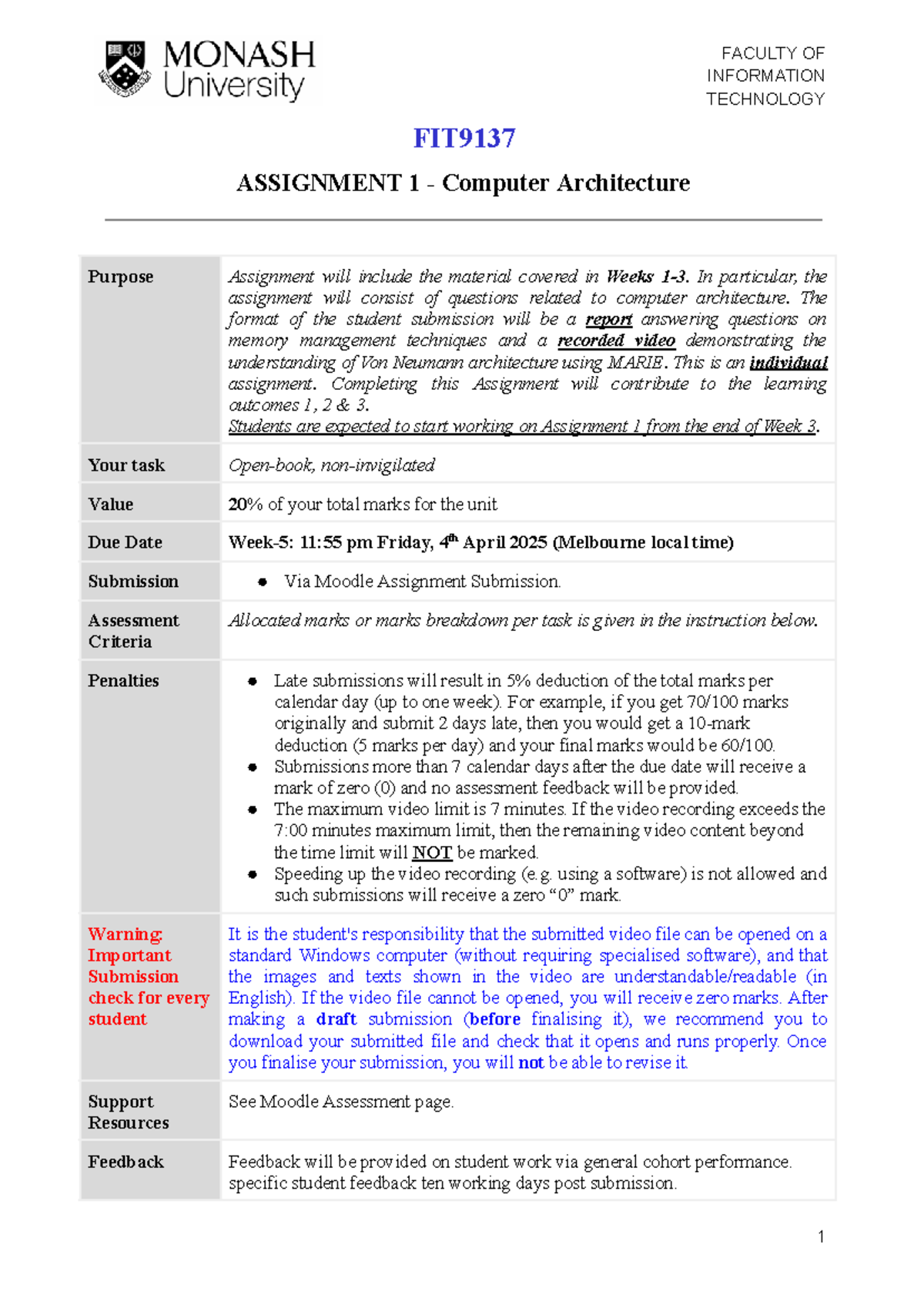 FIT9137 S1 2025 Assignment 1: Computer Architecture & Memory Management ...