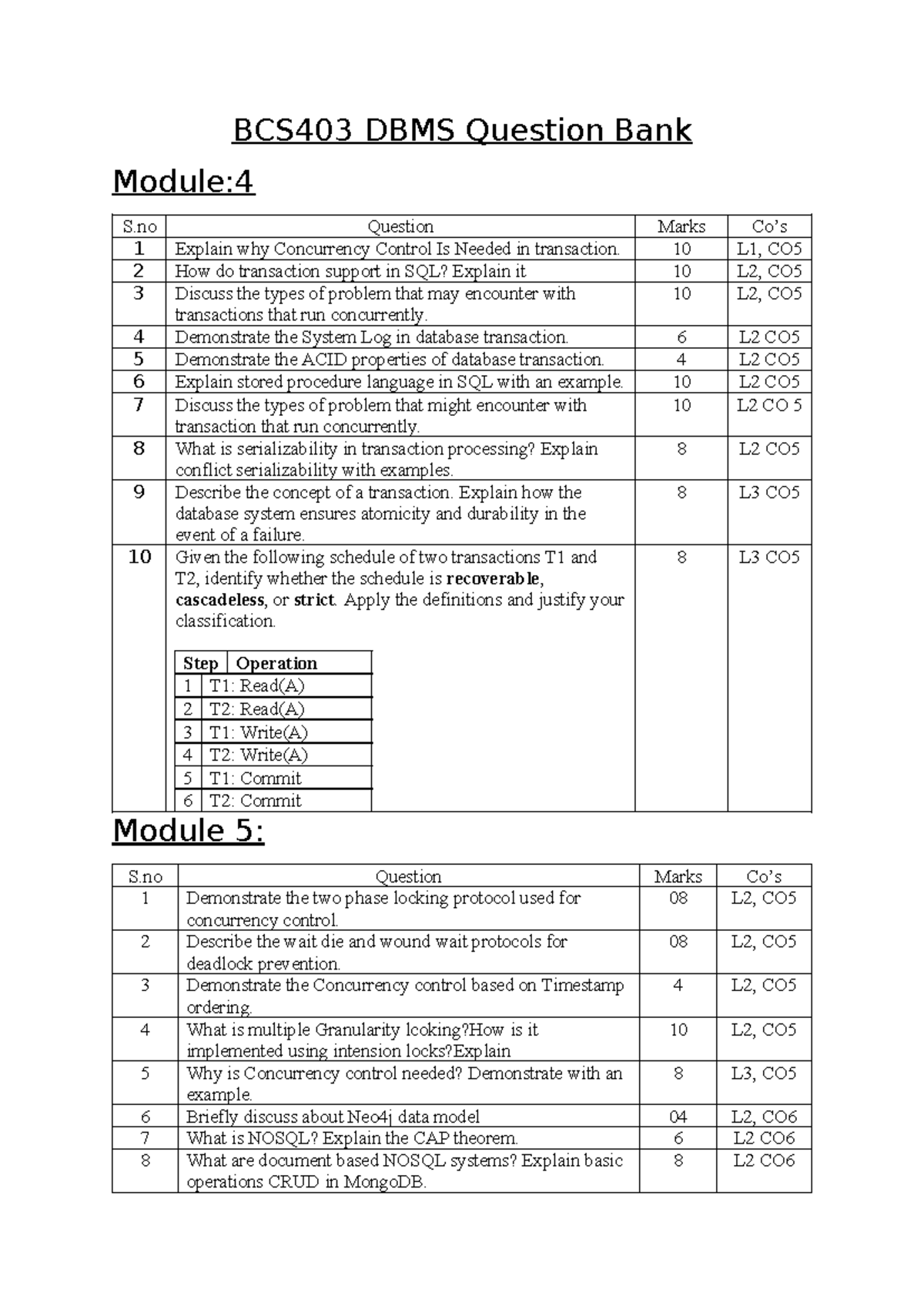 BCS403 DBMS Question Bank: Concurrency Control & Transactions - Studocu