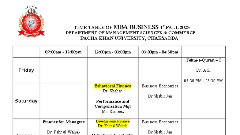 MBA, PhD & MS 1st Fall 2025 Combined Time Table - Bacha Khan University ...