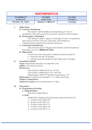 MATH Q3 W3 D1 3 - Mathematics Lesson Plan - MATHEMATICS VI-HONESTY 6:00 ...