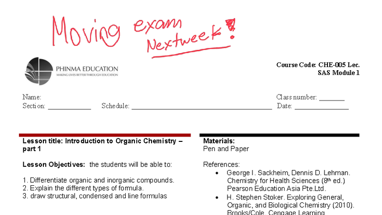 SAS1 CHE005: Intro to Organic Chemistry - Lesson 1 Overview - Studocu