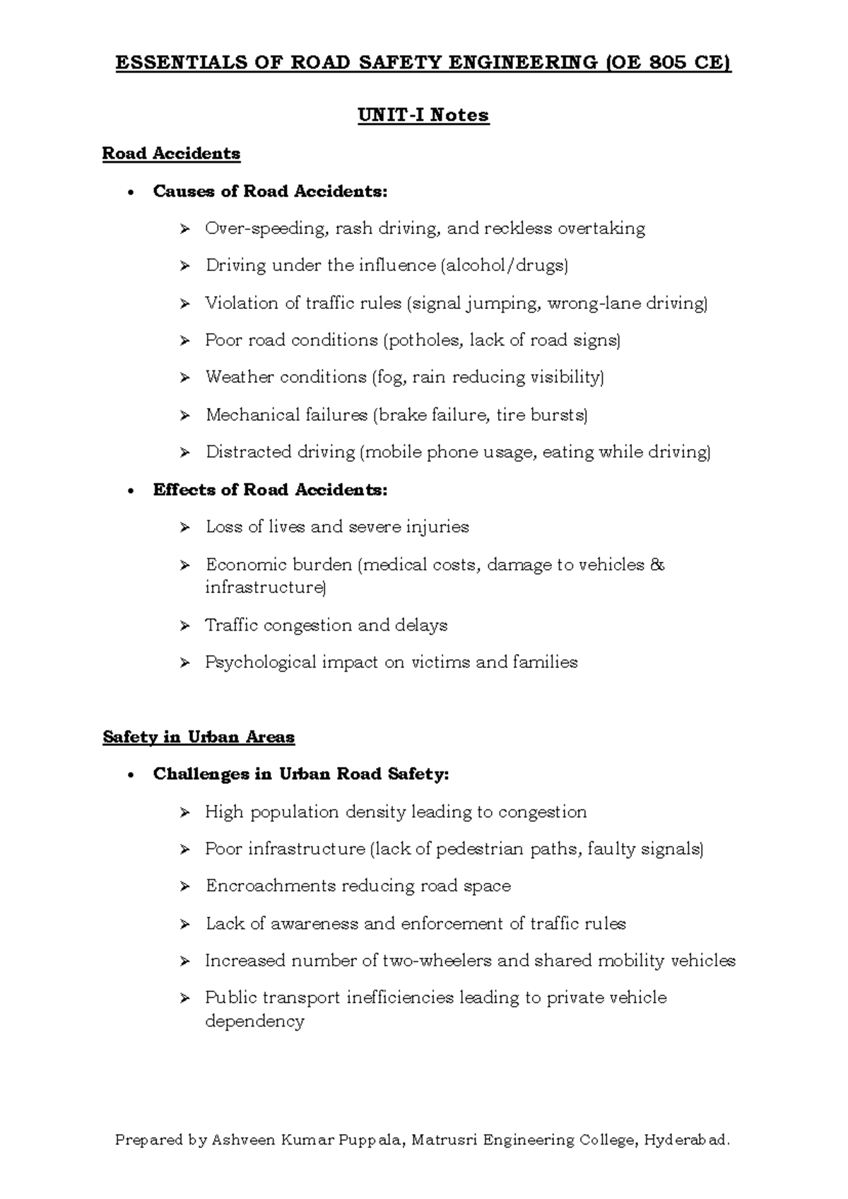 ESSENTIALS OF ROAD SAFETY ENGINEERING (OE 805 CE) Unit 1-5 Notes - Studocu
