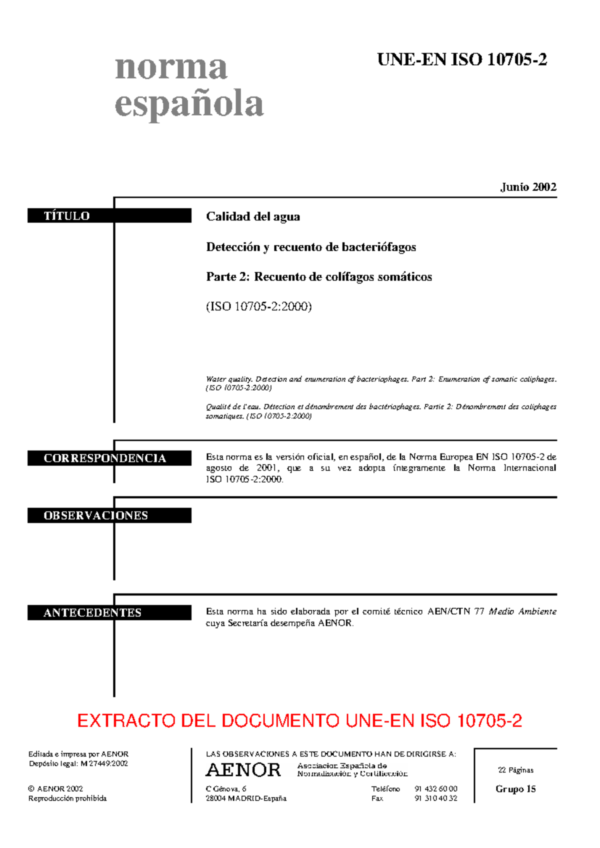 ISO 10705-2:2002 Calidad del Agua - Detección de Bacteriófagos - Studocu