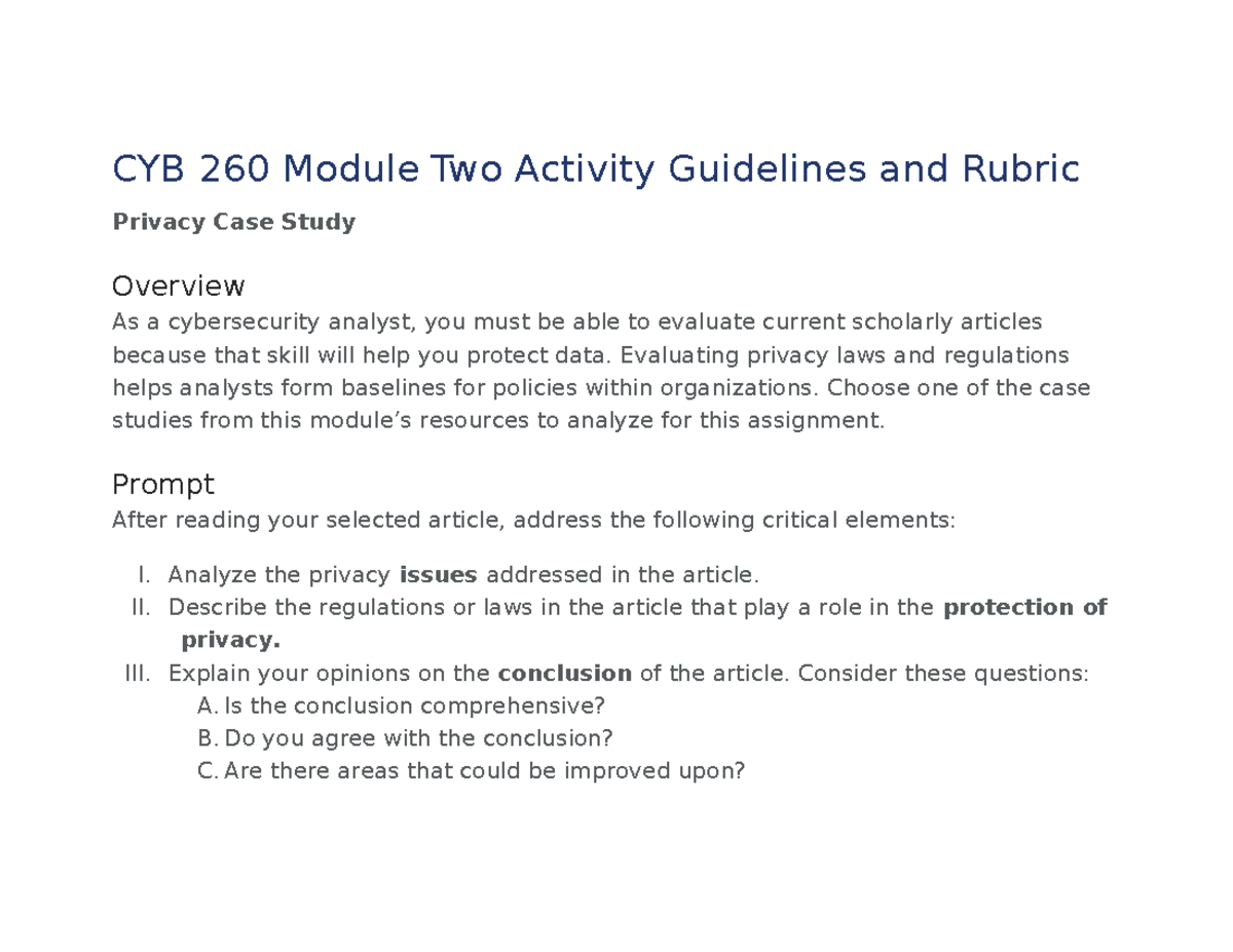 CYB 260 2-2Module Two Activity Privacy Case Study Guidelines and Rubric - CYB 260 Module Two ...