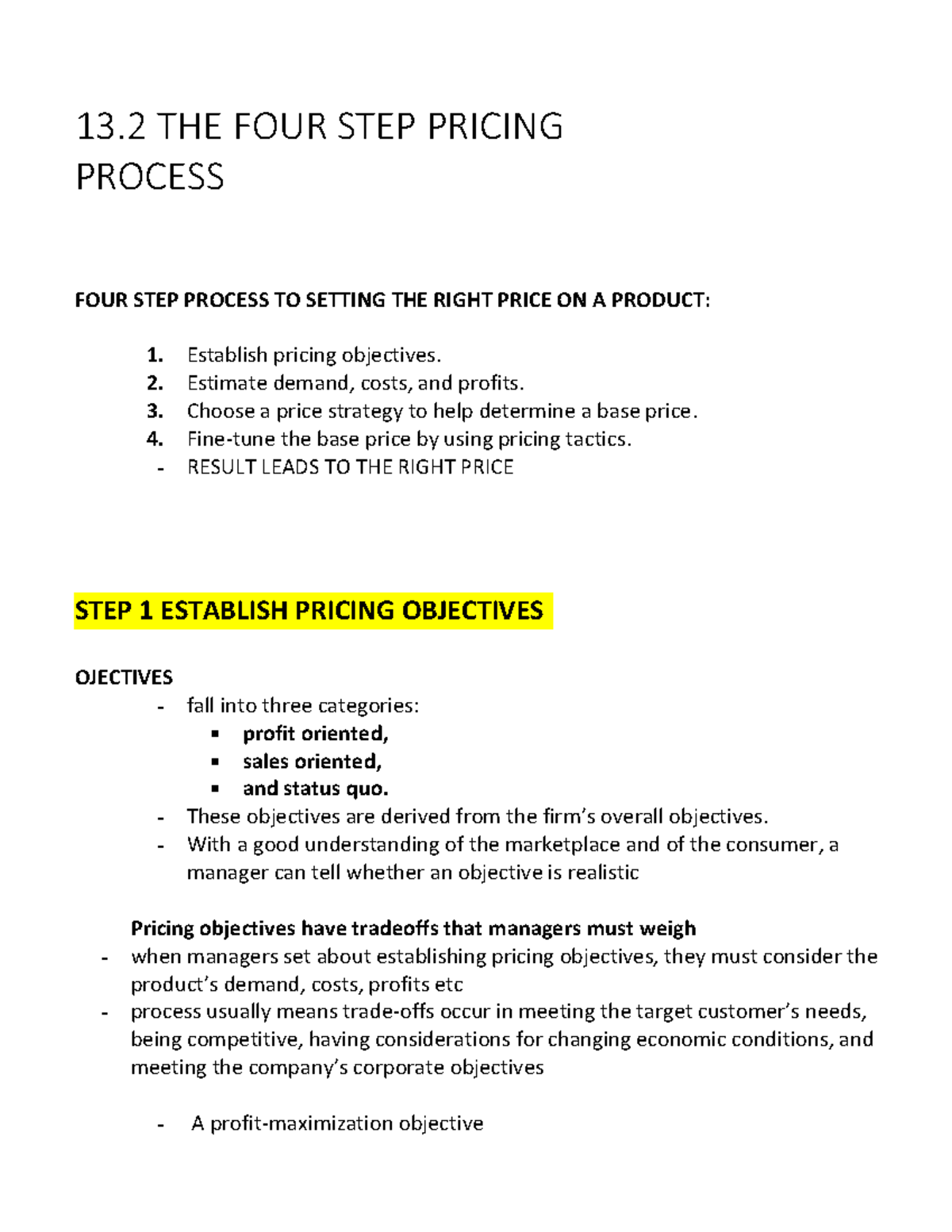 13.2 Four-Step Pricing Process: Objectives, Strategies & Tactics - Studocu