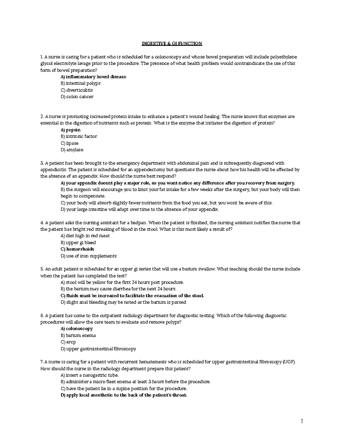 Med Surg II - Exam 4 Study Guide: Digestive System Practice Questions ...