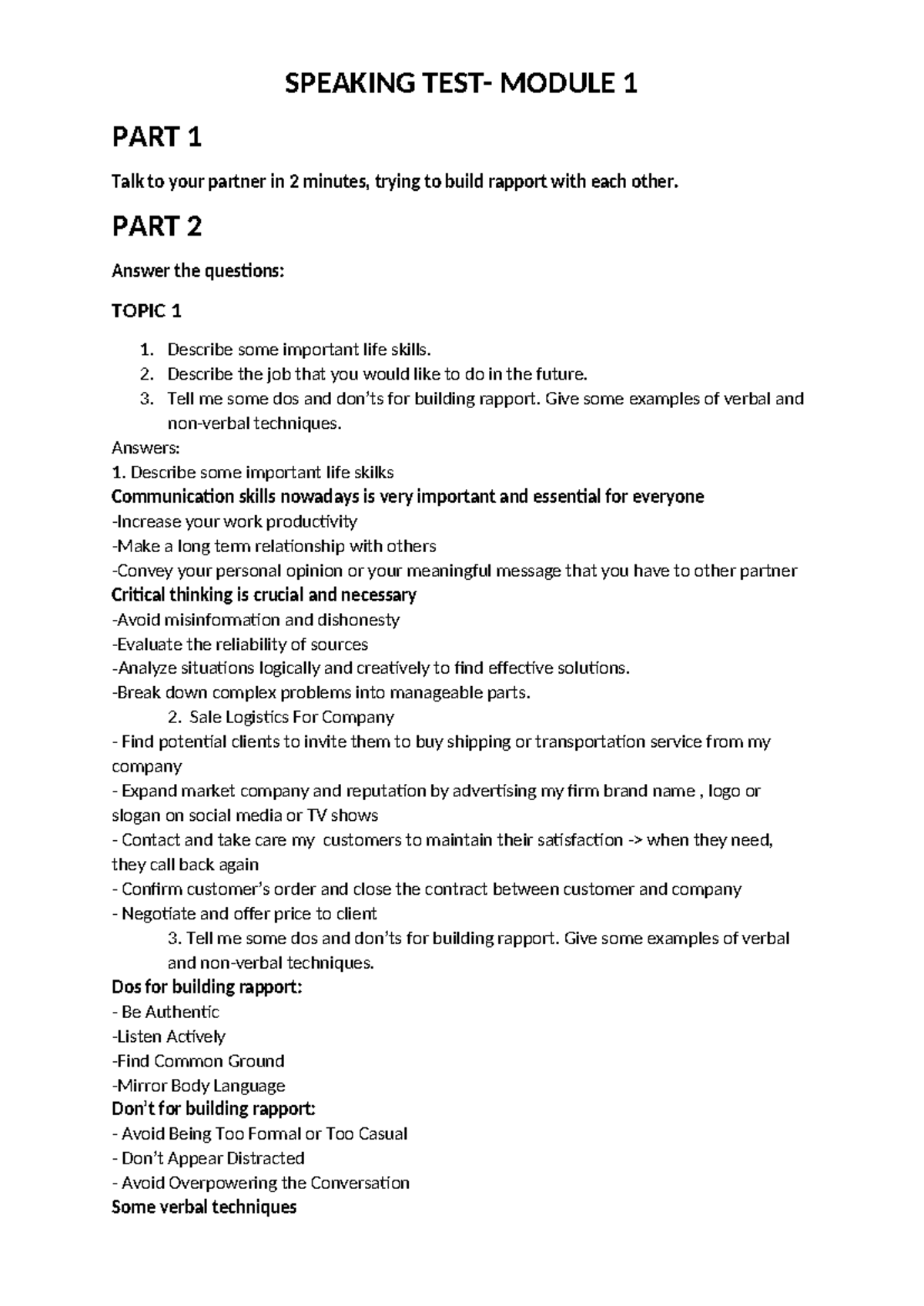 Speaking Topics - ẻhr3hehewhrehrenrer - SPEAKING TEST- MODULE 1 PART 1 ...