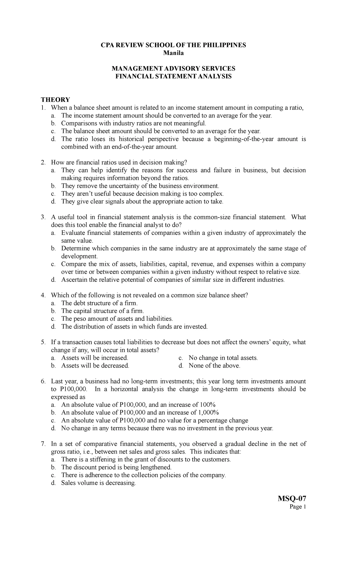 Financial statement analysis CPAR Reviewer - CPA REVIEW SCHOOL OF THE ...