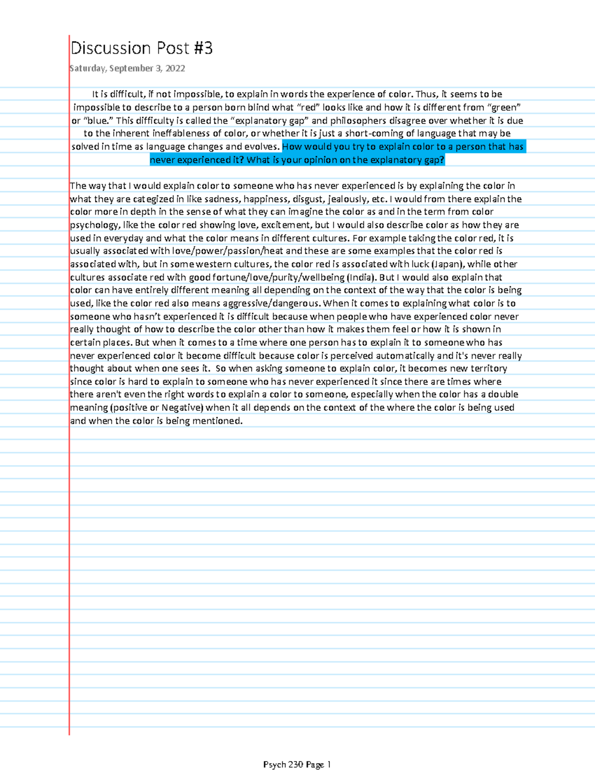 Psych 230 Discussion Post 3: Exploring the Explanatory Gap of Color ...