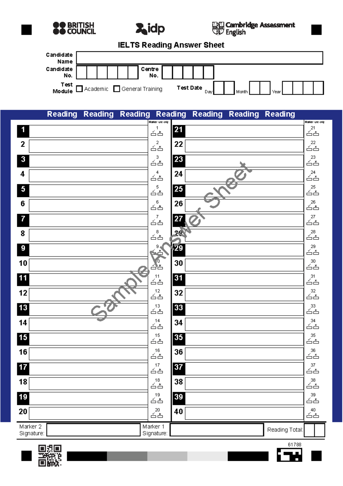IELTS Reading Test Answer Sheet - Academic & General Training - Studocu