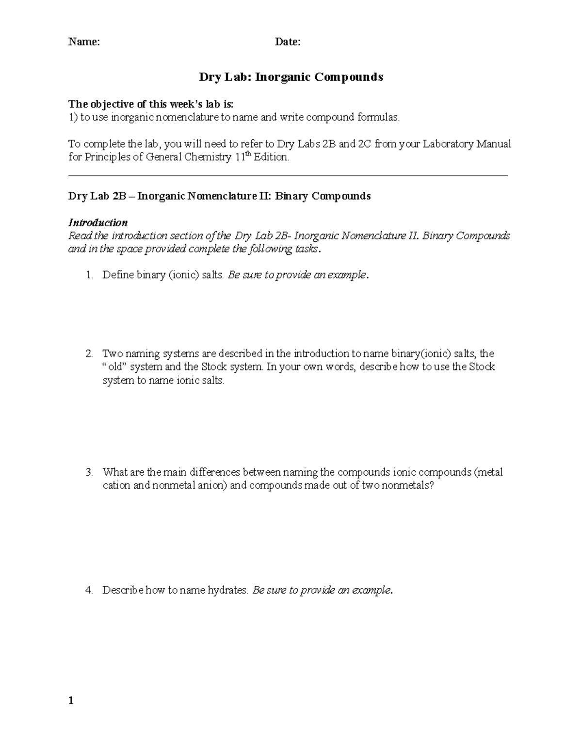 Dry Lab Inorganic Compounds 2b 2c-1 - Dry Lab: Inorganic Compounds The