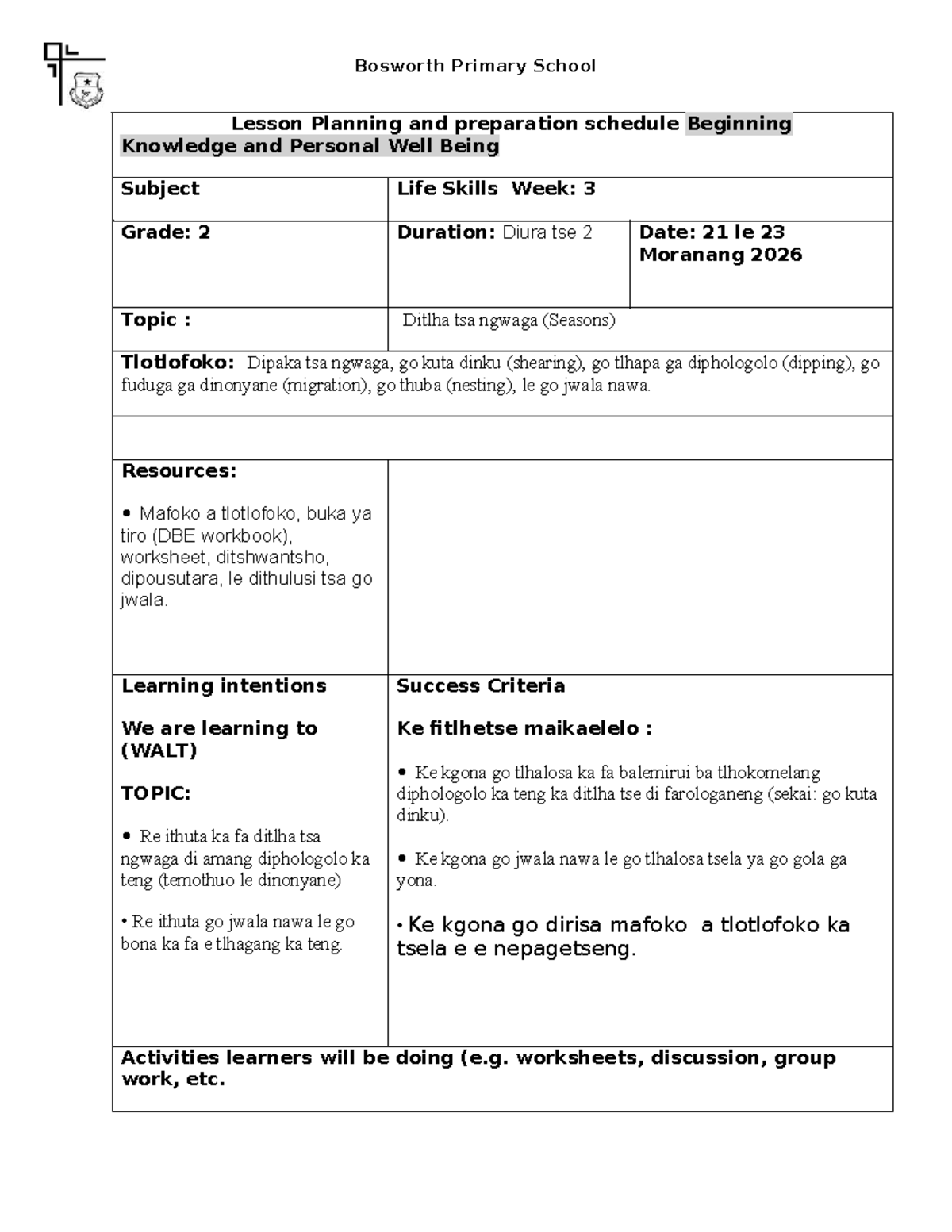 Bosworth Primary School: Life Skills Lesson Plan (Week 3) for Grade 2 ...