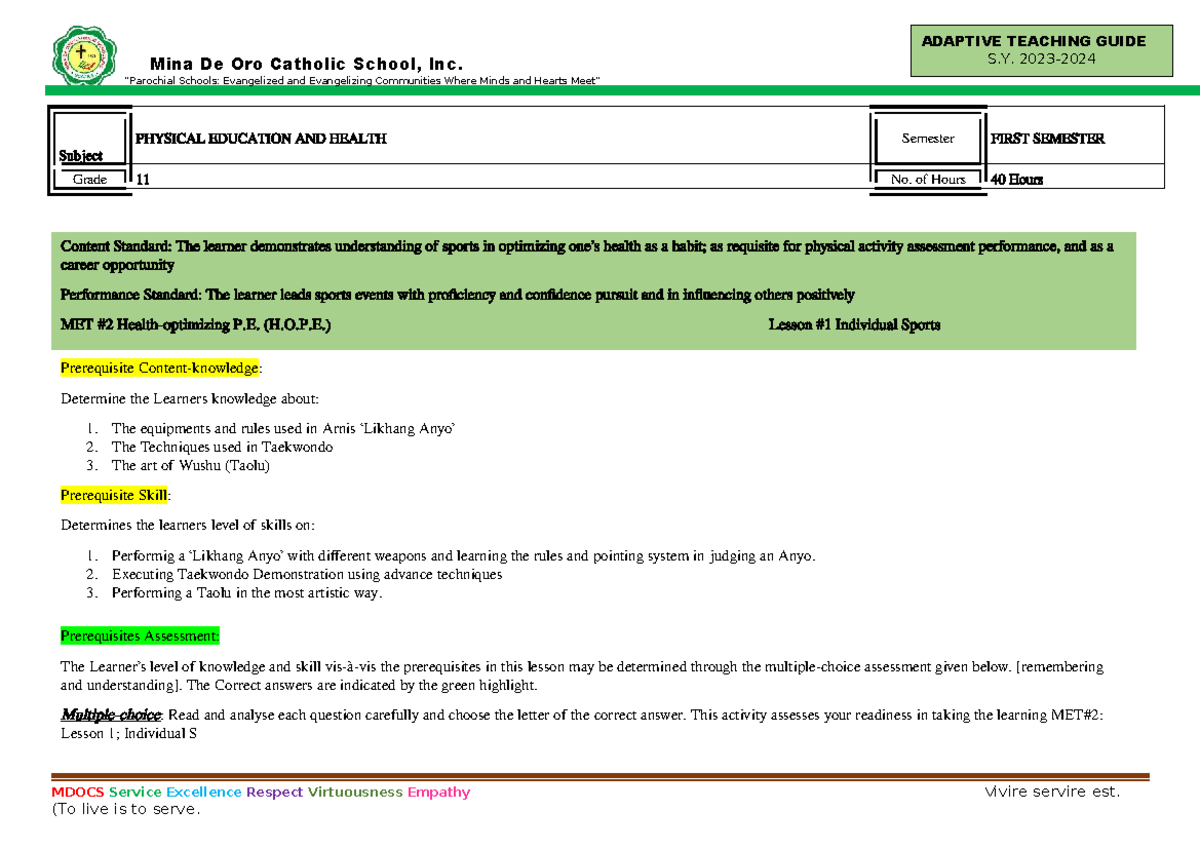 Adaptive Teaching Guide: Physical Education & Health 1 - Individual ...