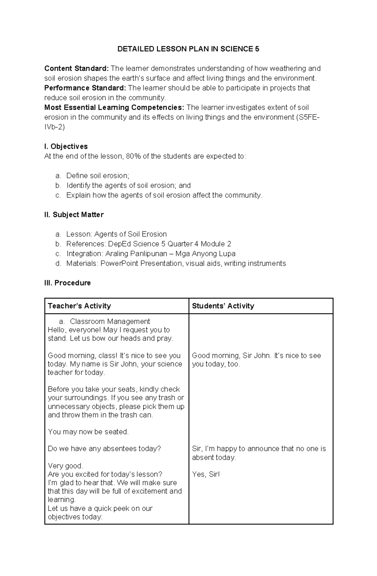 Detailed Lesson Plan on Soil Erosion (Science 5) - Studocu