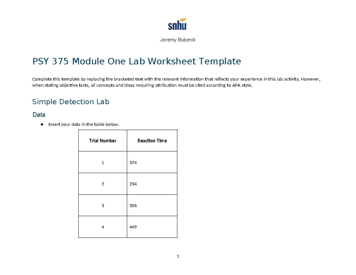 PSY 375 Lab 1: Simple Detection, Signal Detection & Visual Search Data - Studocu
