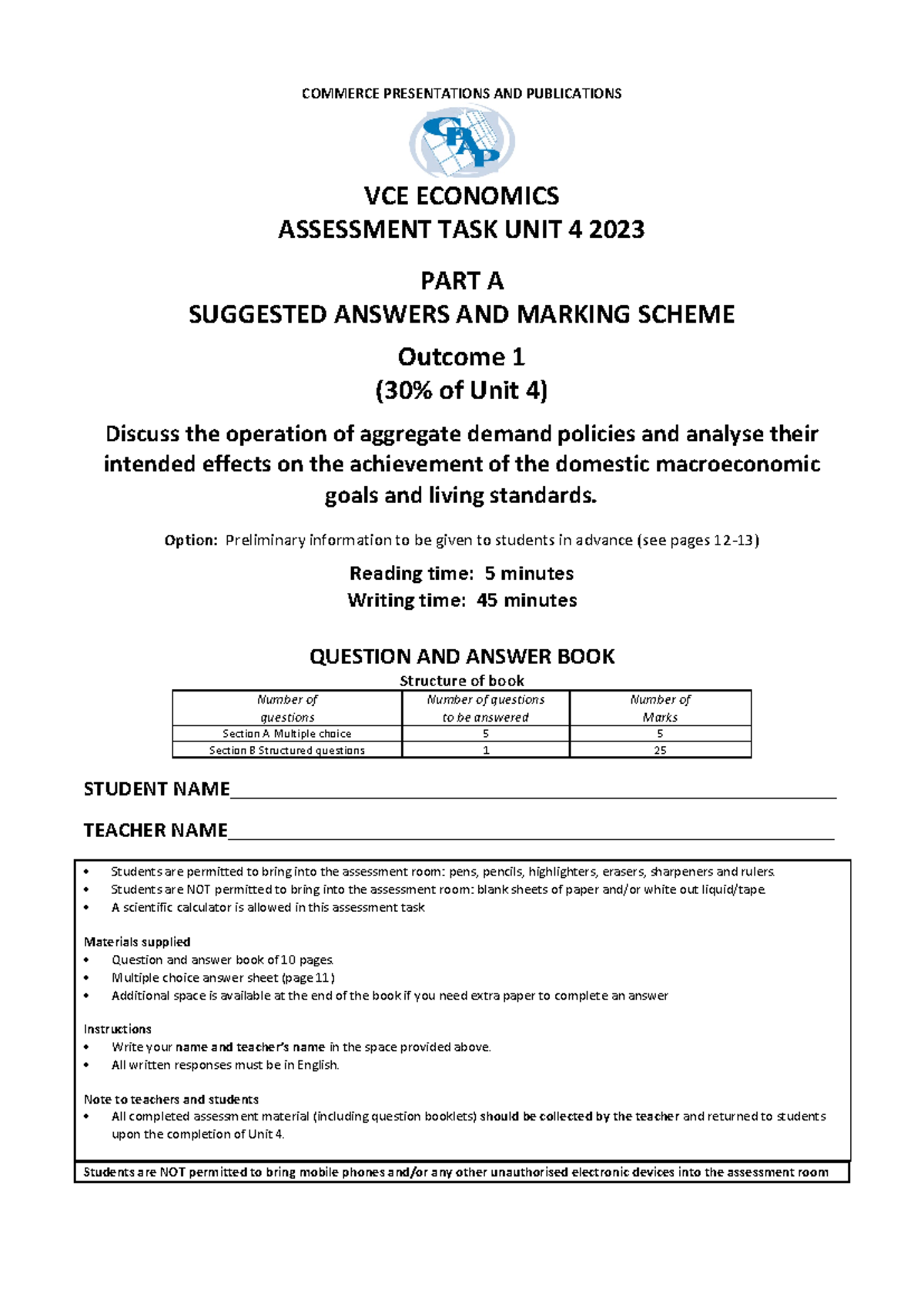 CPAP VCE Economics Unit 4 Outcome 1 Part A 2023 Assessment Questions ...
