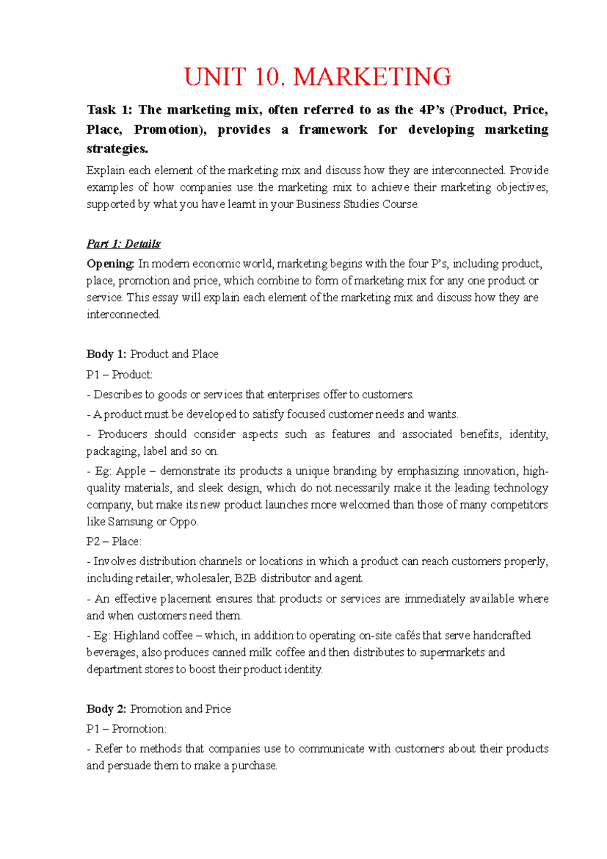 UNIT 10 - Marketing Mix & Strategies: Task 1 & Task 2 Insights - Studocu