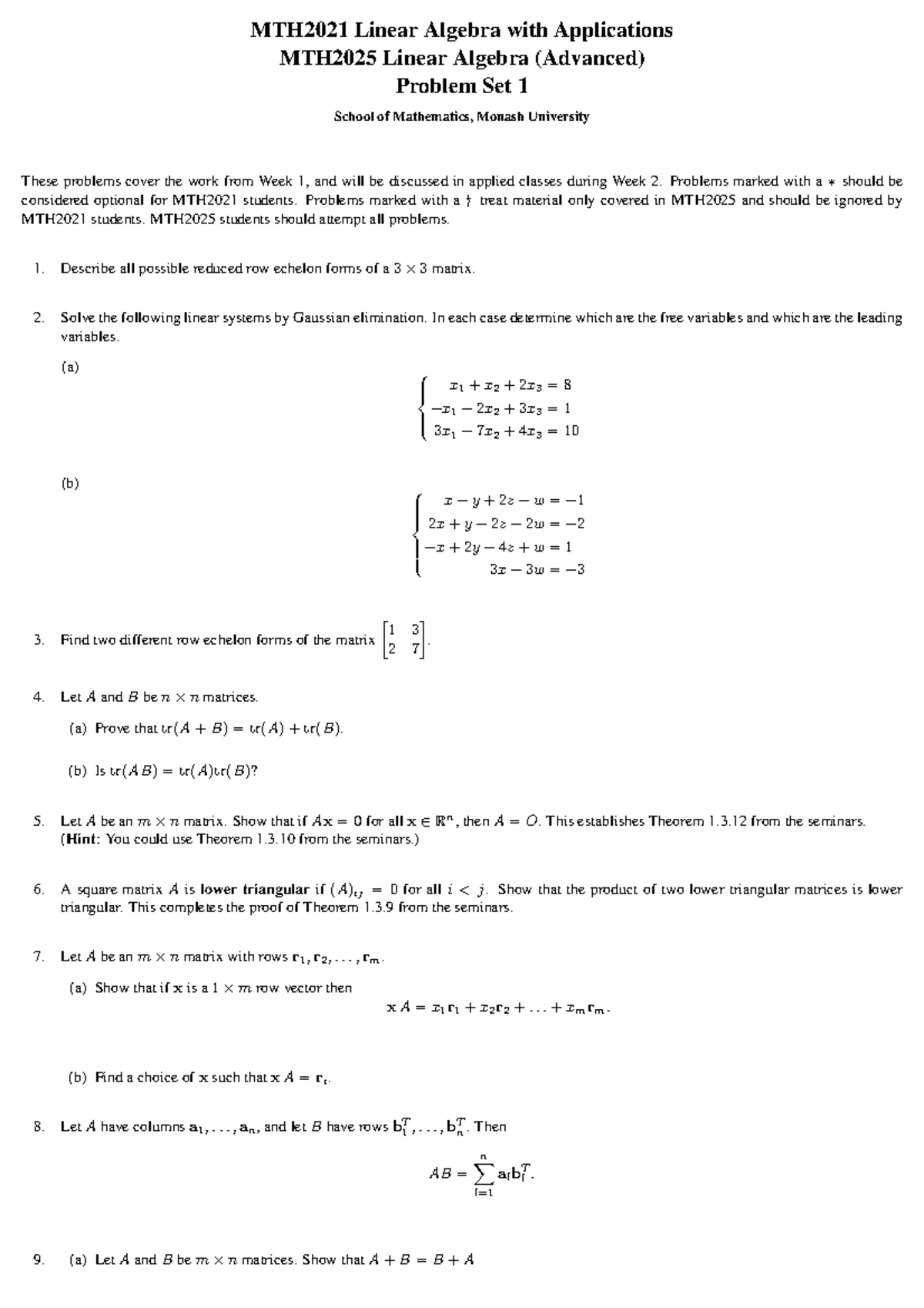 MTH2021 & MTH2025 Linear Algebra Problem Set 1 Overview - Studocu