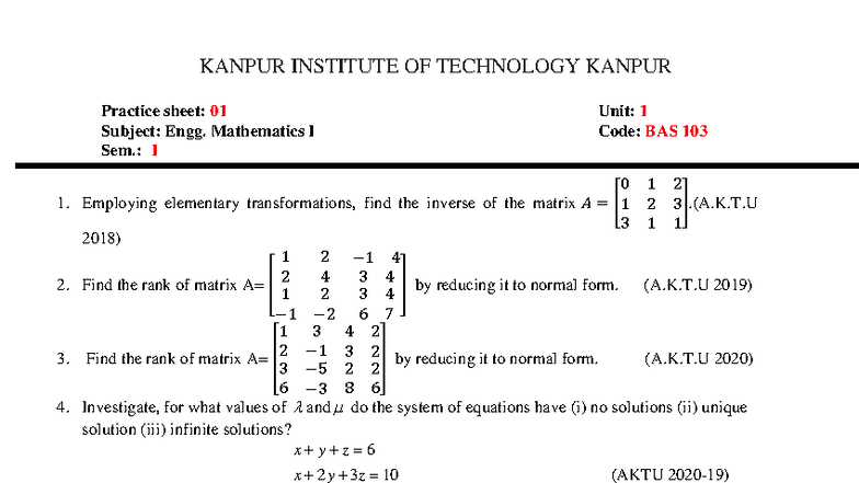 BAS 103 Practice Sheet 01: Engg. Mathematics I - B.Tech 1 - Studocu