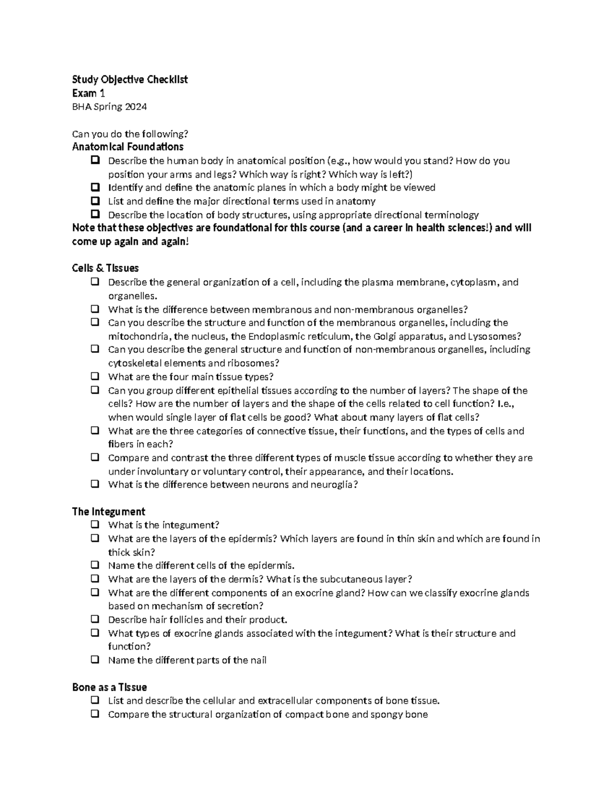 Exam 1 Study Objective Checklist BHA25 - Study Objective Checklist Exam ...