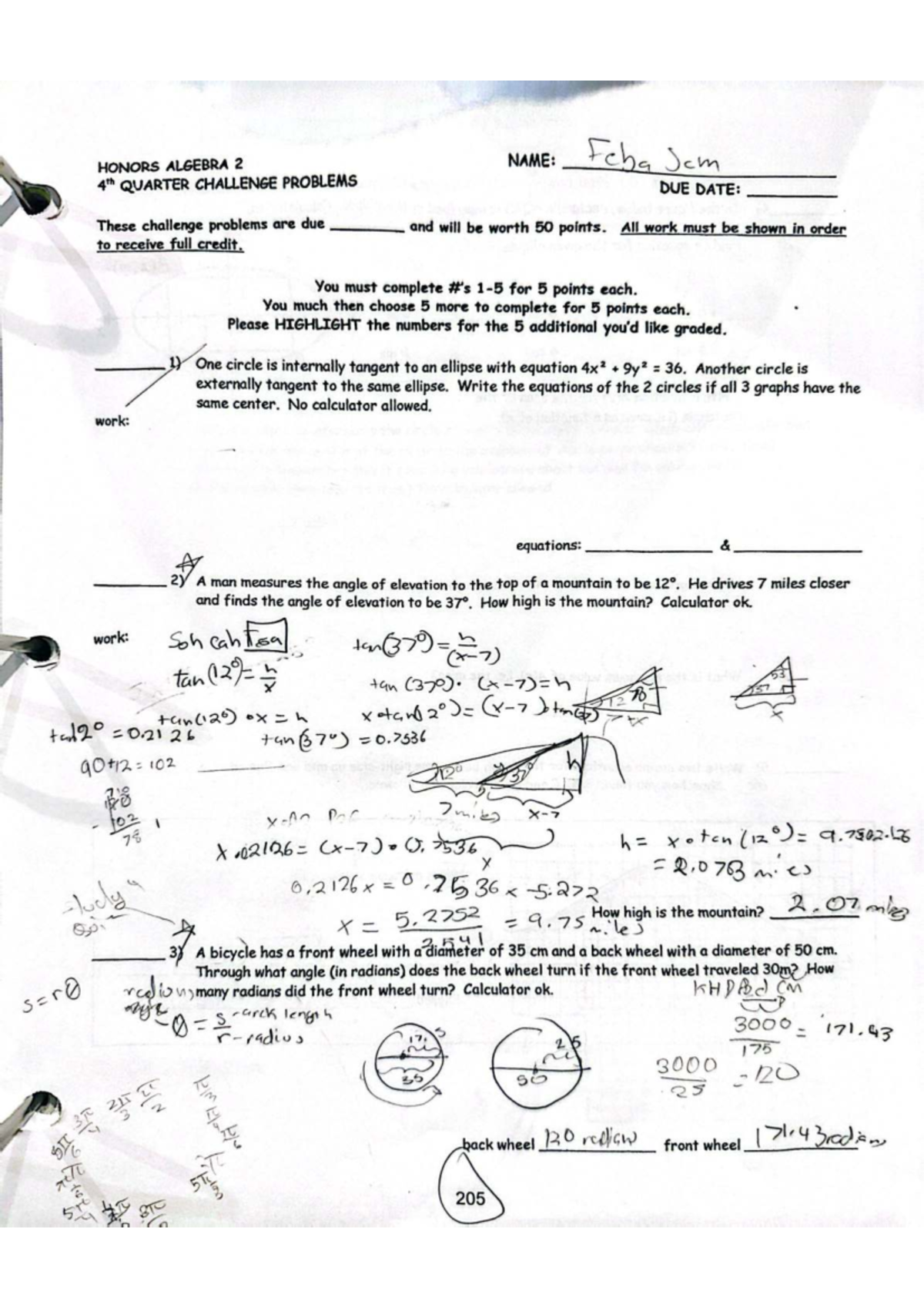 HONORS ALGEBRA 2: 4th Quarter Challenge Problems & Solutions - Studocu