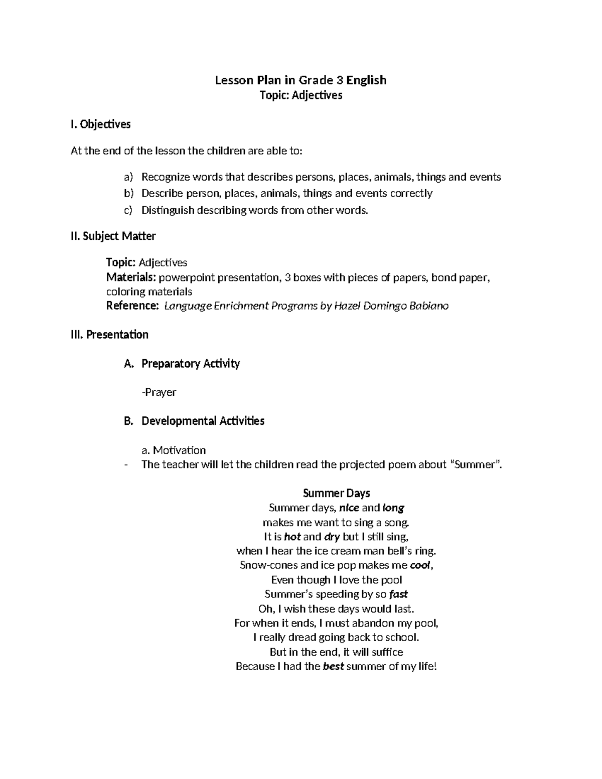 255540241 Adjectives Lesson Plan for Grade 3 English Class - Studocu