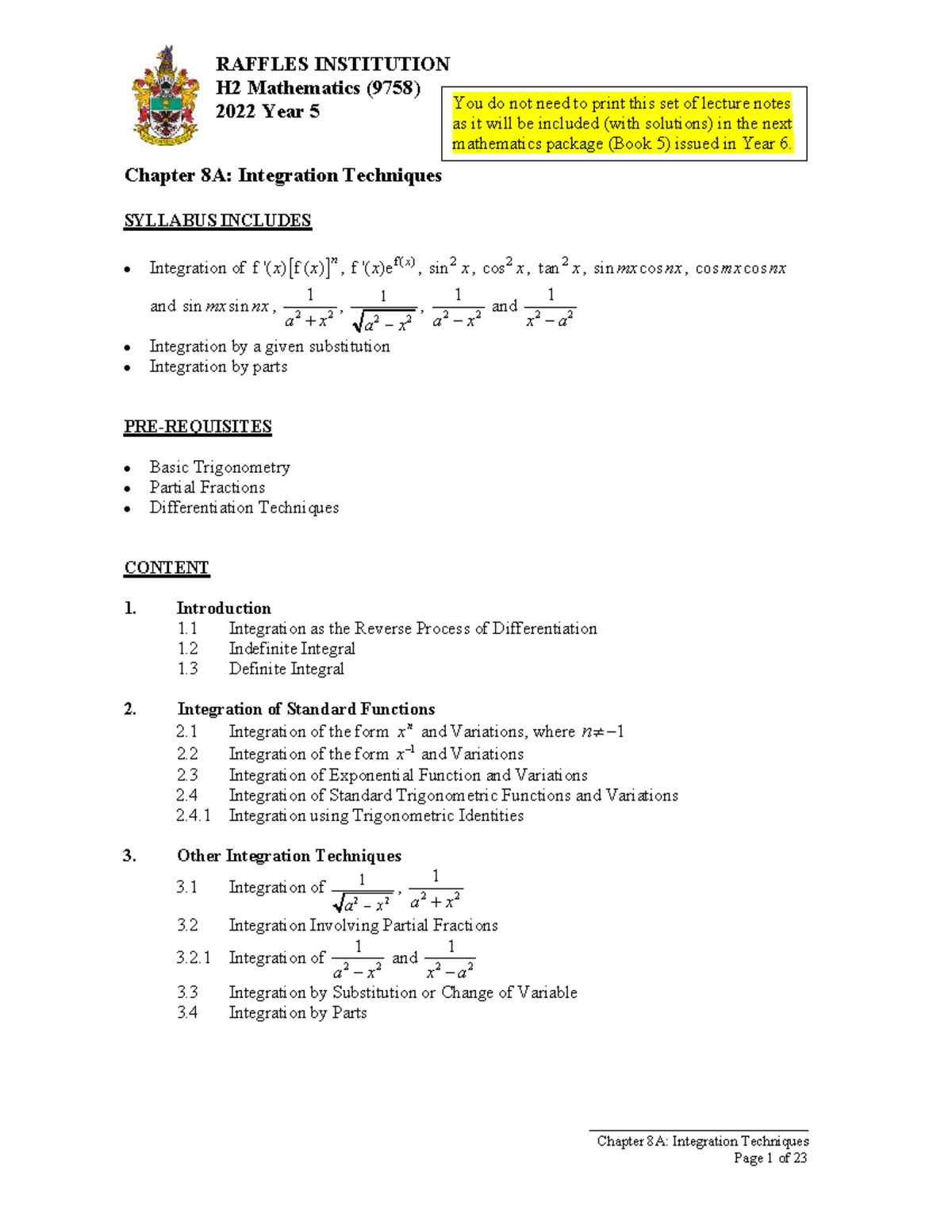 RI H2 Mathematics (9758) Chapter 8A: Integration Techniques Notes - Studocu