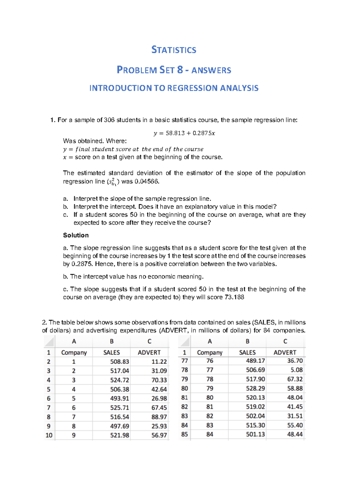 STATISTICS PROBLEM SET 8: REGRESSION ANALYSIS SOLUTIONS - Studocu