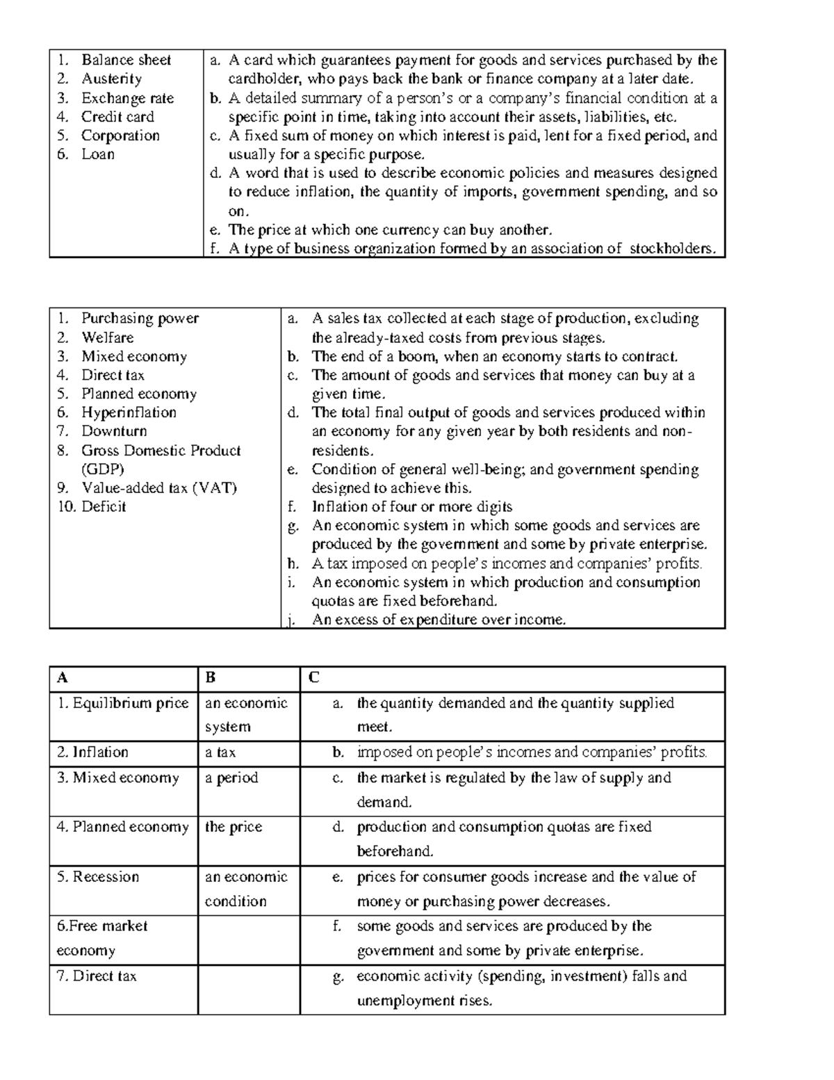 Matching Exercise 1 - Economic Terms and Definitions - Studocu