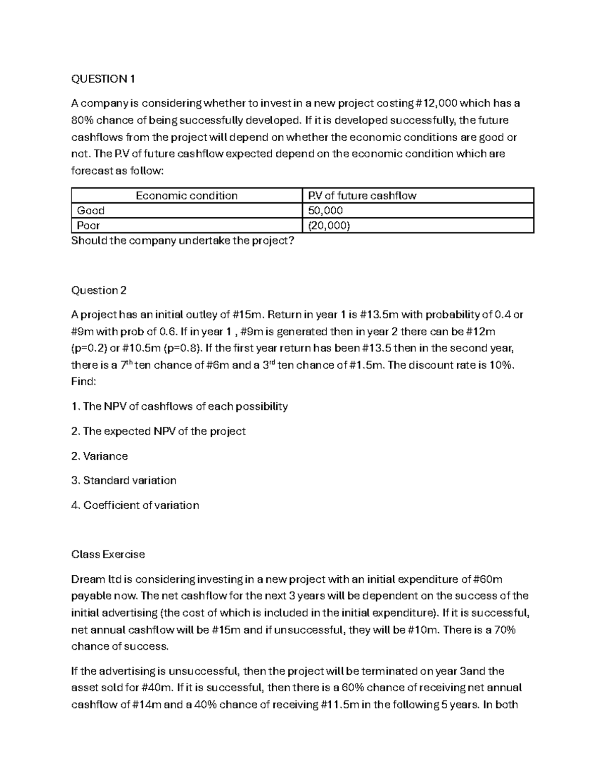 Expected Value & Decision Tree Questions for Course Code: FIN 301 - Studocu