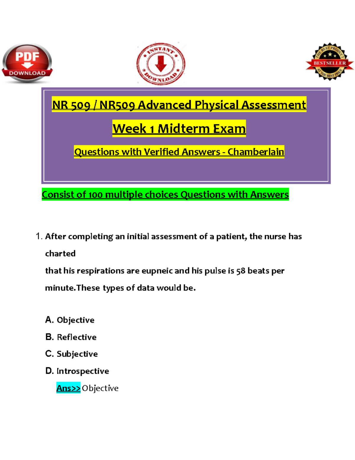 NR 509 Advanced Physical Assessment Week 1 Midterm Exam Q&A Guide - Studocu