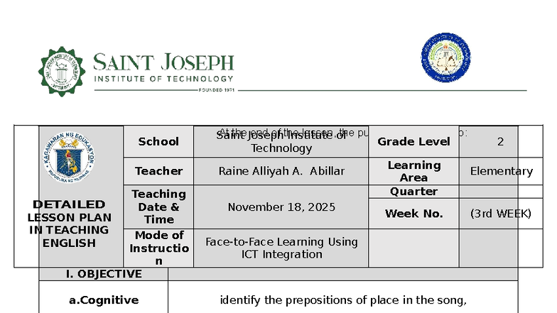 Final Lesson Plan for Demo: Teaching Prepositions of Place (Grade 3 ...