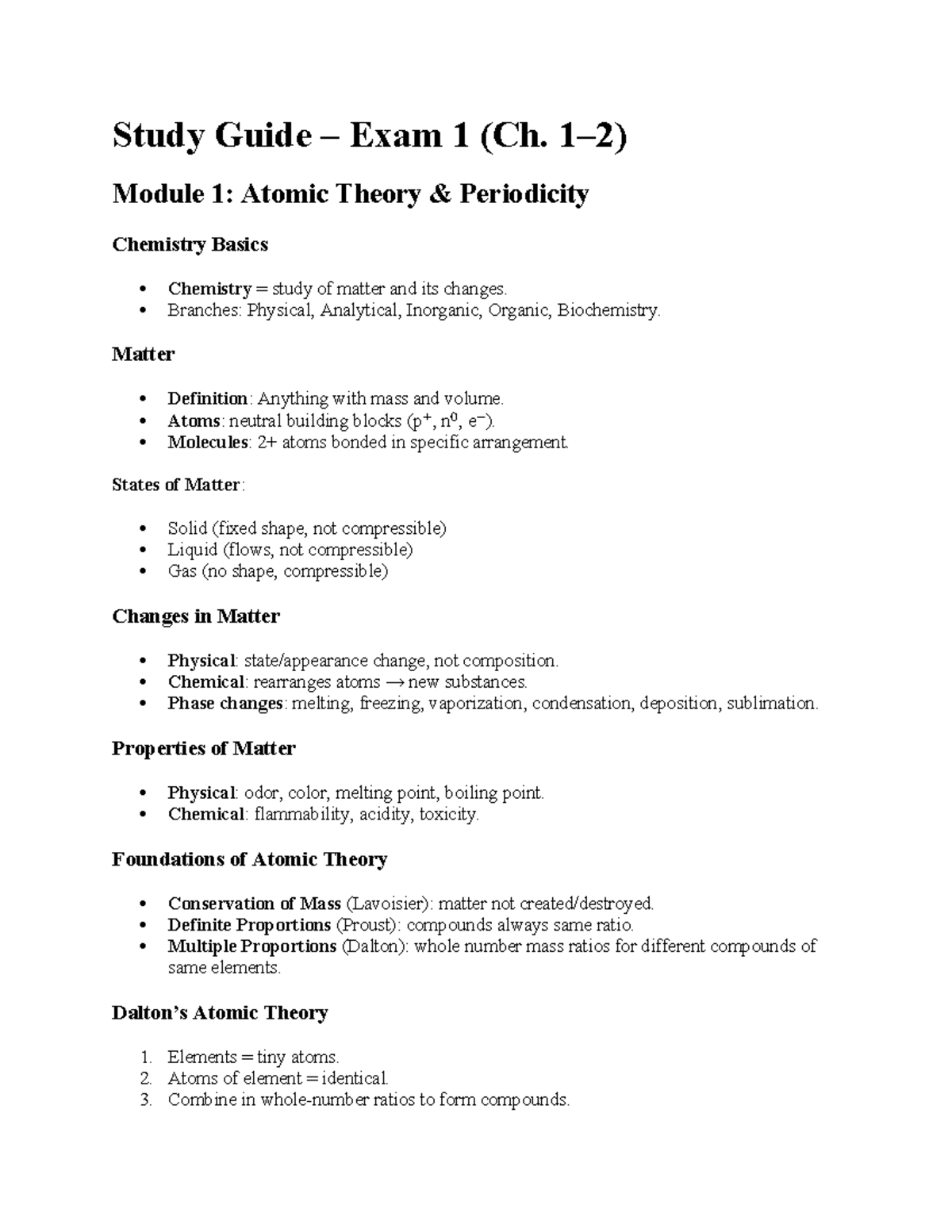 Study Guide Exam 1: Atomic Theory & Periodicity (Chemistry) - Studocu