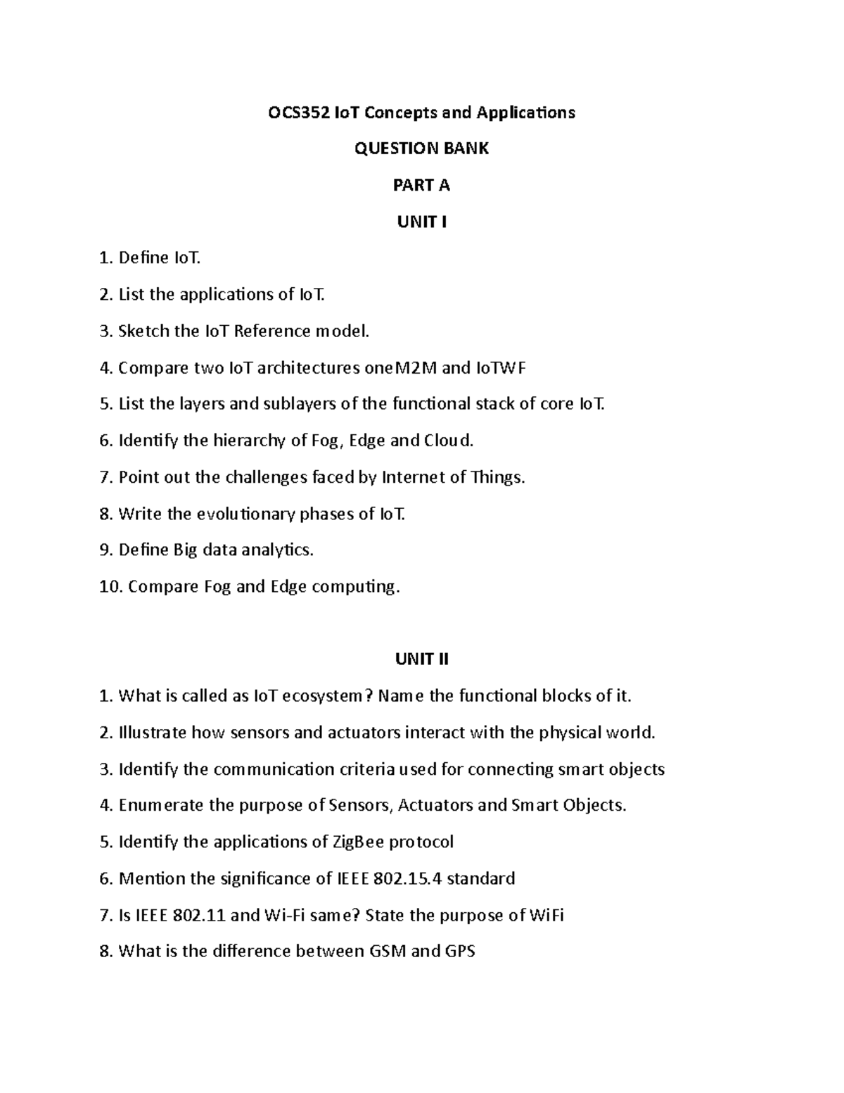 OCS352 IoT Question Bank: Comprehensive Study Guide for Key Concepts - Studocu
