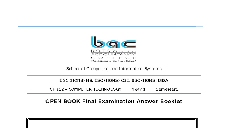CT 112 Computer Technology Year 1 Semester 1 Final Exam Answer Booklet ...