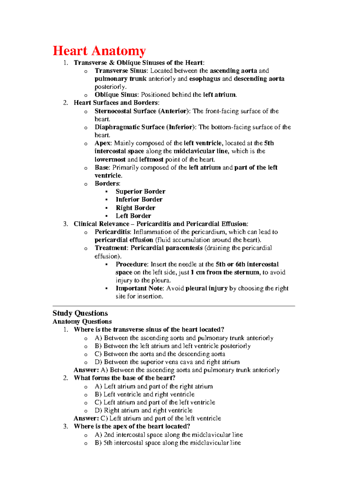 CB Summary and Important Notes for SPA Part 1: Heart Anatomy and ...