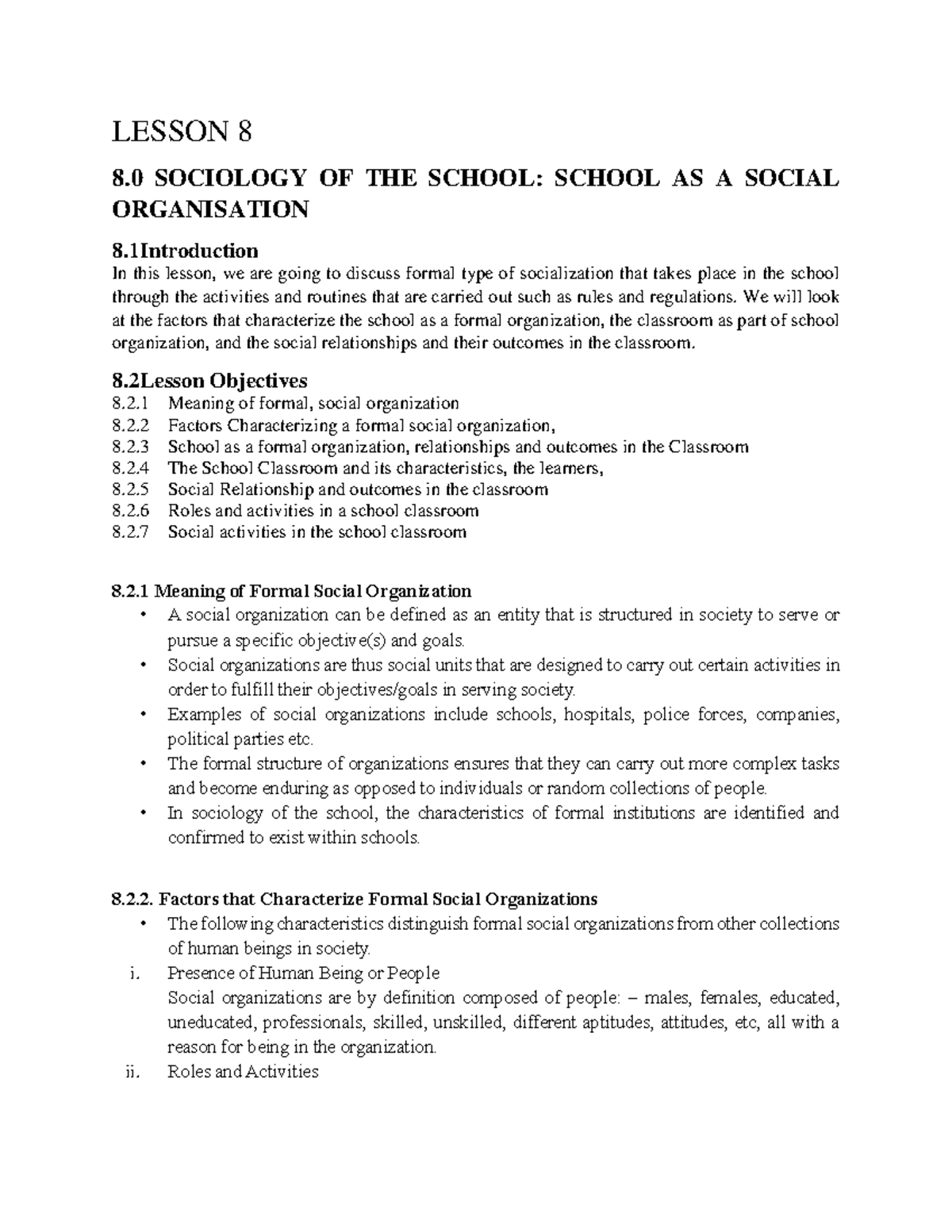 Lesson 8: Sociology of the School as a Social Organization - Studocu
