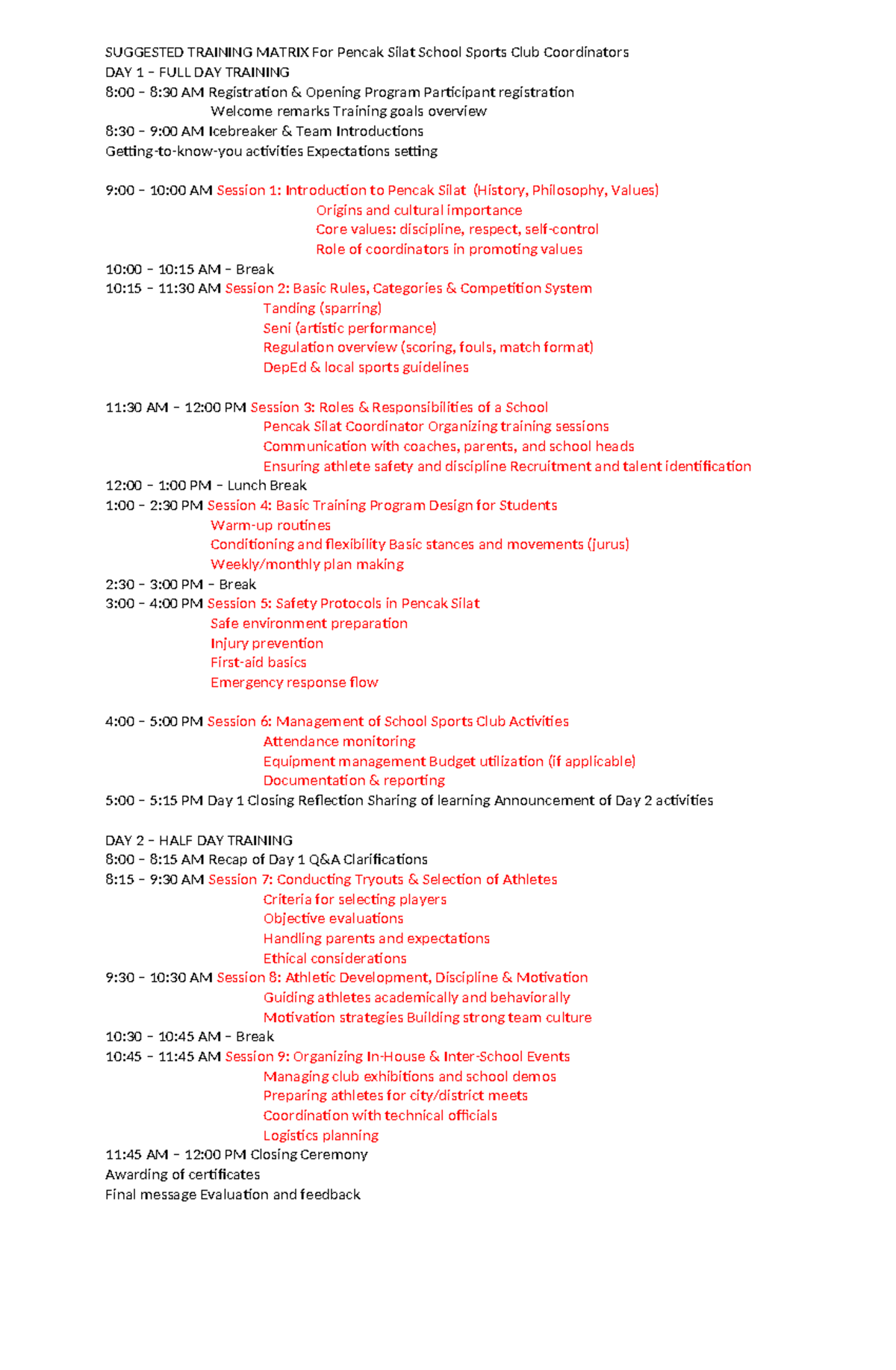 Training Matrix for Pencak Silat School Coordinators (Day 1 & 2) - Studocu