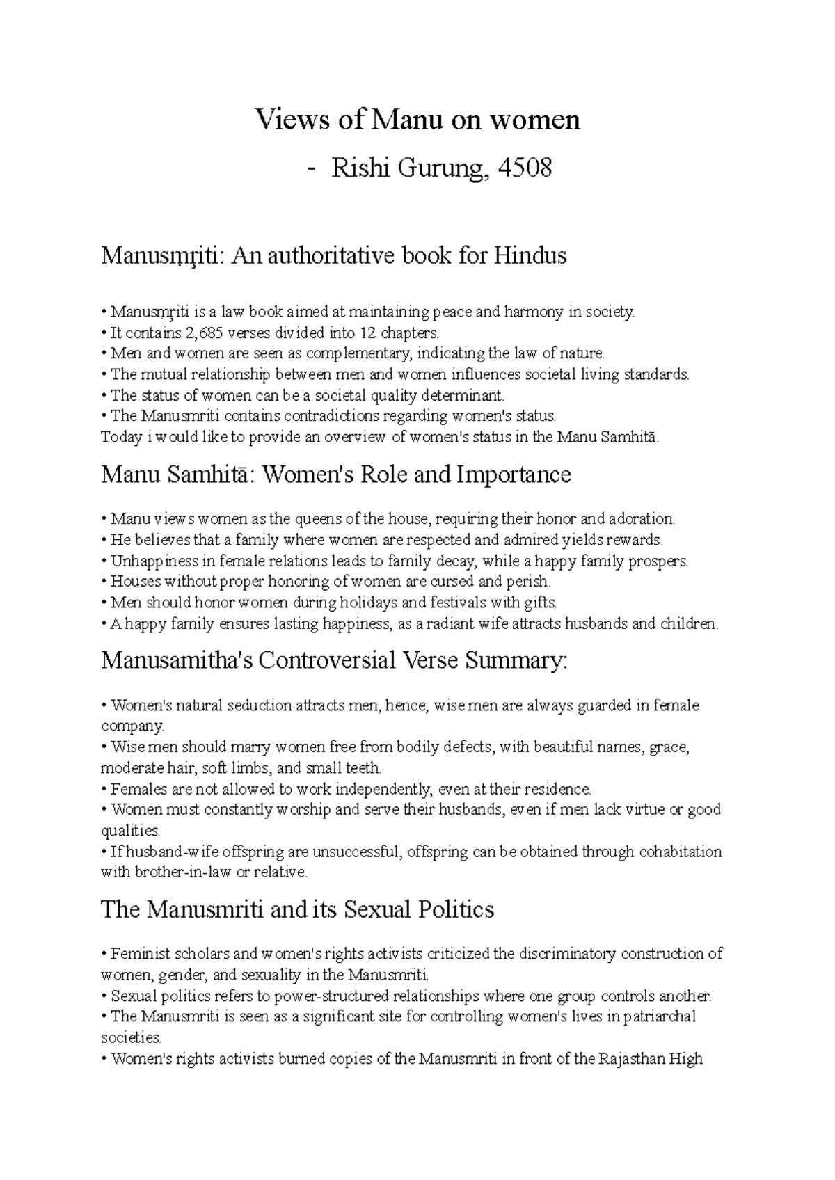 Manu's Perspectives on Women: Insights from Manusmriti (4508) - Studocu