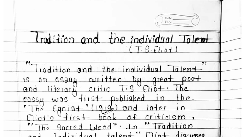 Tradition and Individual Talent: An Essay by T.S. Eliot - Studocu