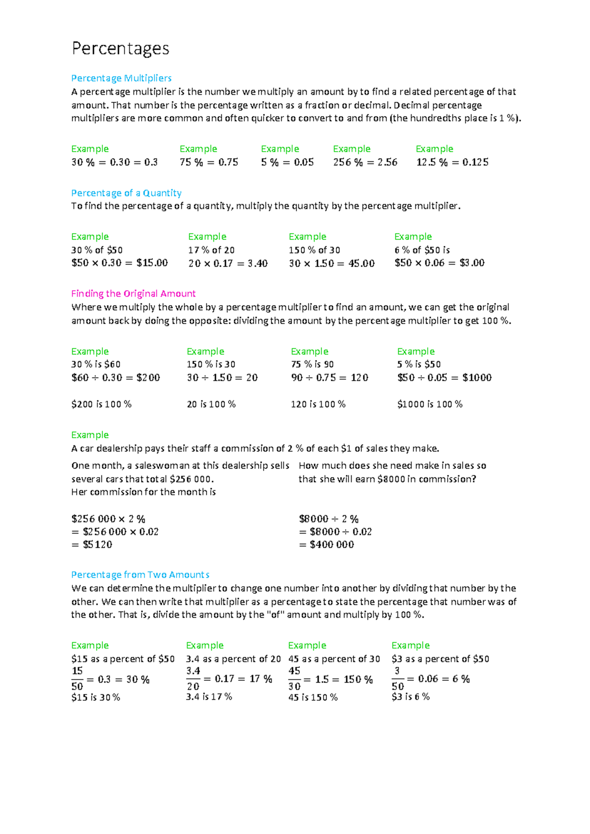 Percentages and Multipliers - Foundation Math U3 Notes - Studocu