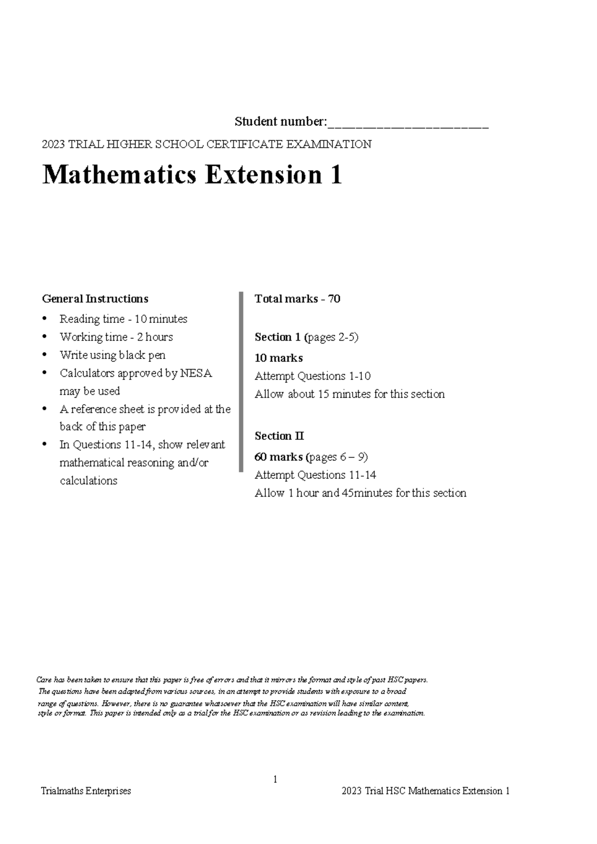 2023 Trial HSC Mathematics Extension 1 Exam Questions - Studocu