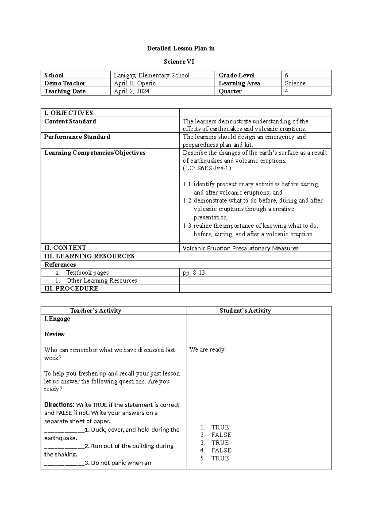Science VI Lesson Plan: Precautionary Measures for Volcanic Eruptions ...